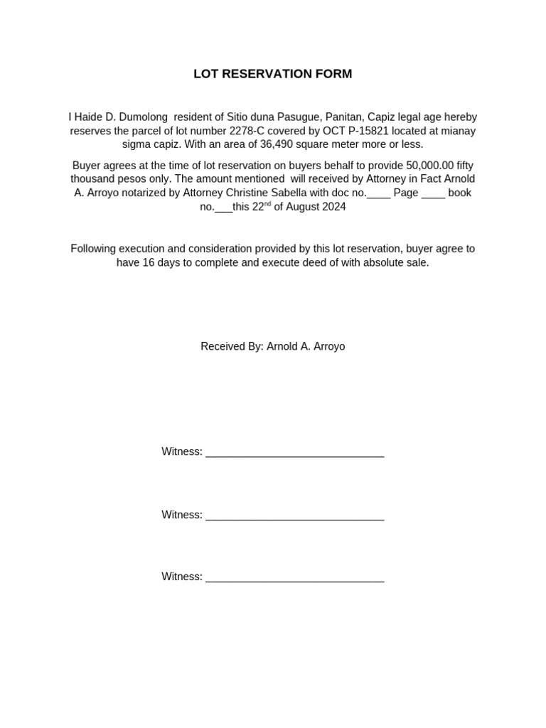 Lot Reservation Form | PDF