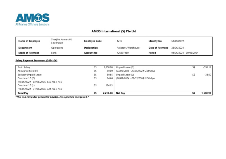 SHANJIVE KUMAR AL SASIDHARAN - Payslip 06-2024 | PDF SHANJIVE KUMAR AL SASIDHARAN - Payslip 06-2024 | PDF