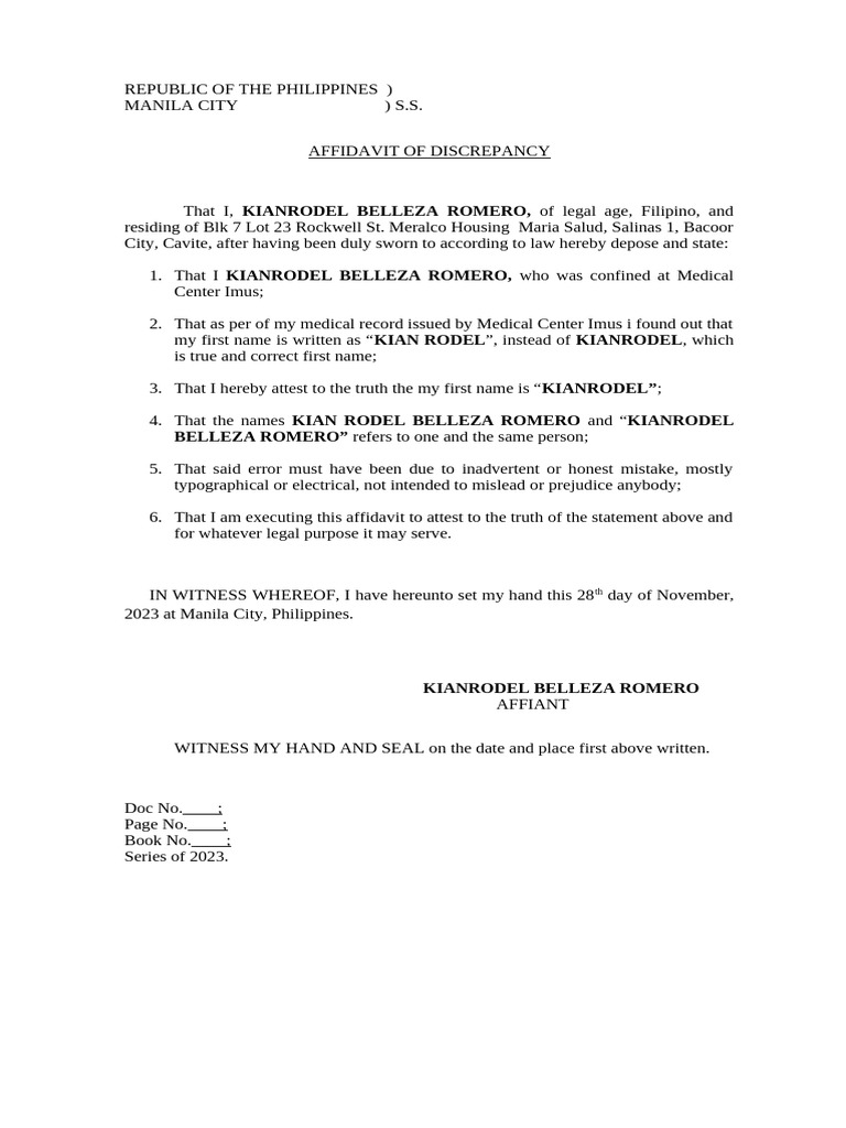 Affidavit of dISCREPANCY Medical Record First Name ROMERO | PDF