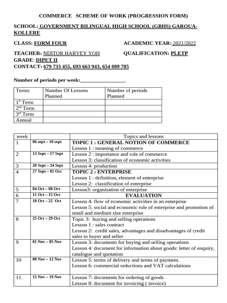 COMMERCE SCHEME OF WORK Form Four | PDF | Payments | Economies
