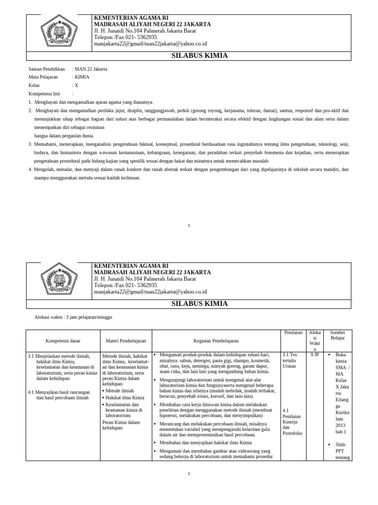 Silabus Kimia Kelas X | PDF
