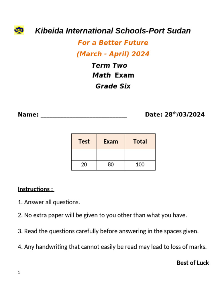 Grade Six Math Exam - Term Two 2024 | PDF | Area | Elementary Mathematics