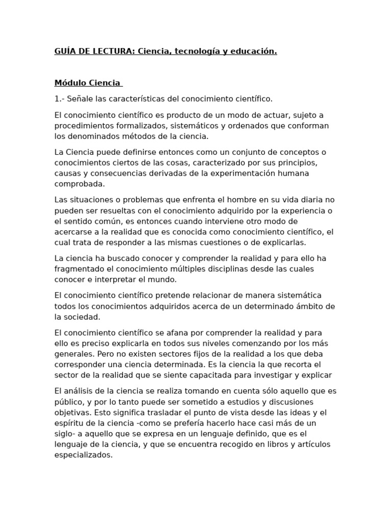GUÍA DE LECTURA: Ciencia, Tecnología y Educación | PDF