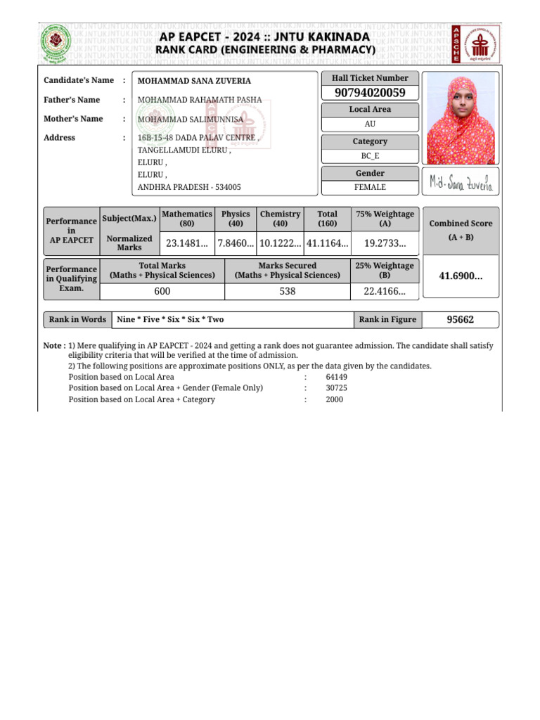 Eamcet Rank Card | PDF
