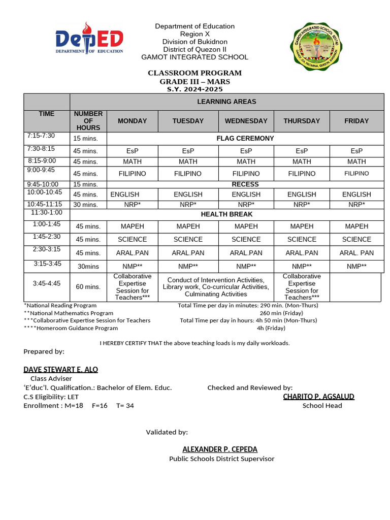Class Program Grade 3 2024-2025 | PDF