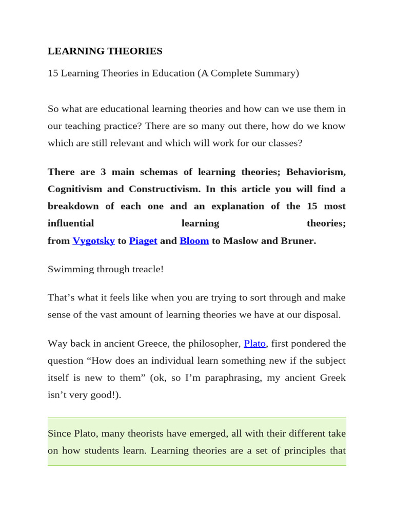 LEARNING THEORIES NOTES | PDF