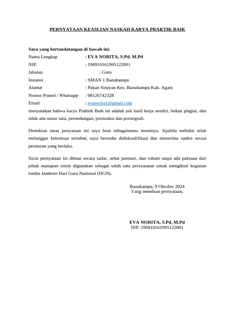Surat Pernyataan Keaslian Karya Eva Norita | PDF