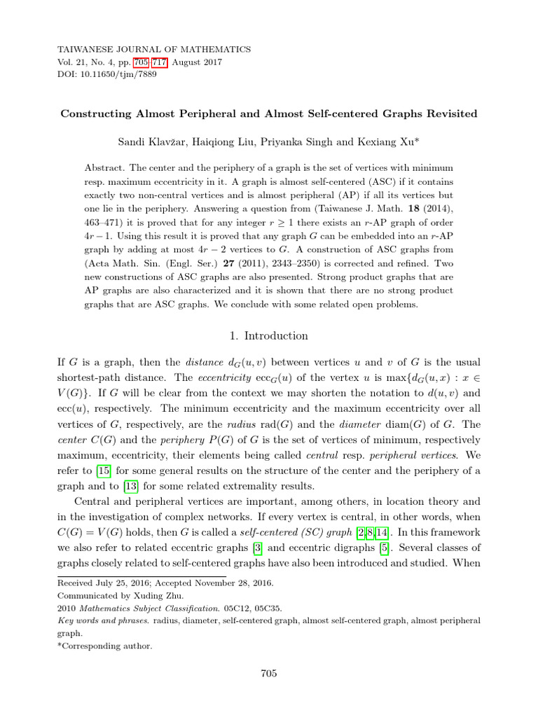 Constructing Almost Peripheral and Almost Self-Centered Graphs Revisited | PDF