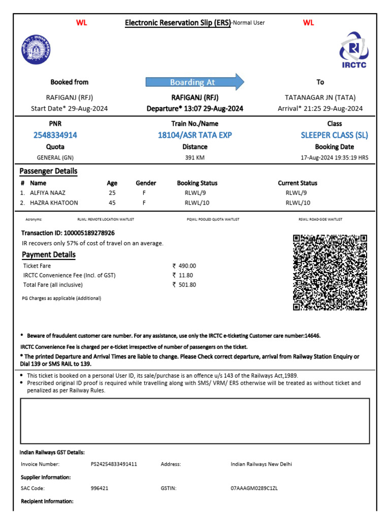 18104/ASR TATA EXP Sleeper Class (SL) : WL WL | PDF