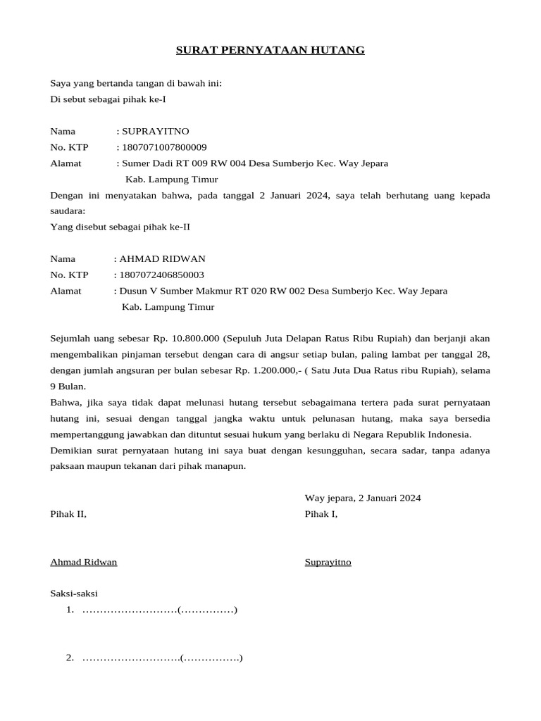 Surat Pernyataan Hutang | PDF