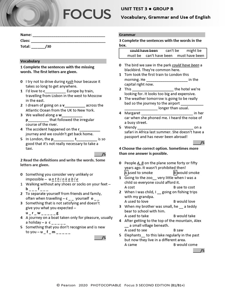 Focus3 2E Unit Test Vocabulary Grammar UoE Unit3 GroupB | PDF