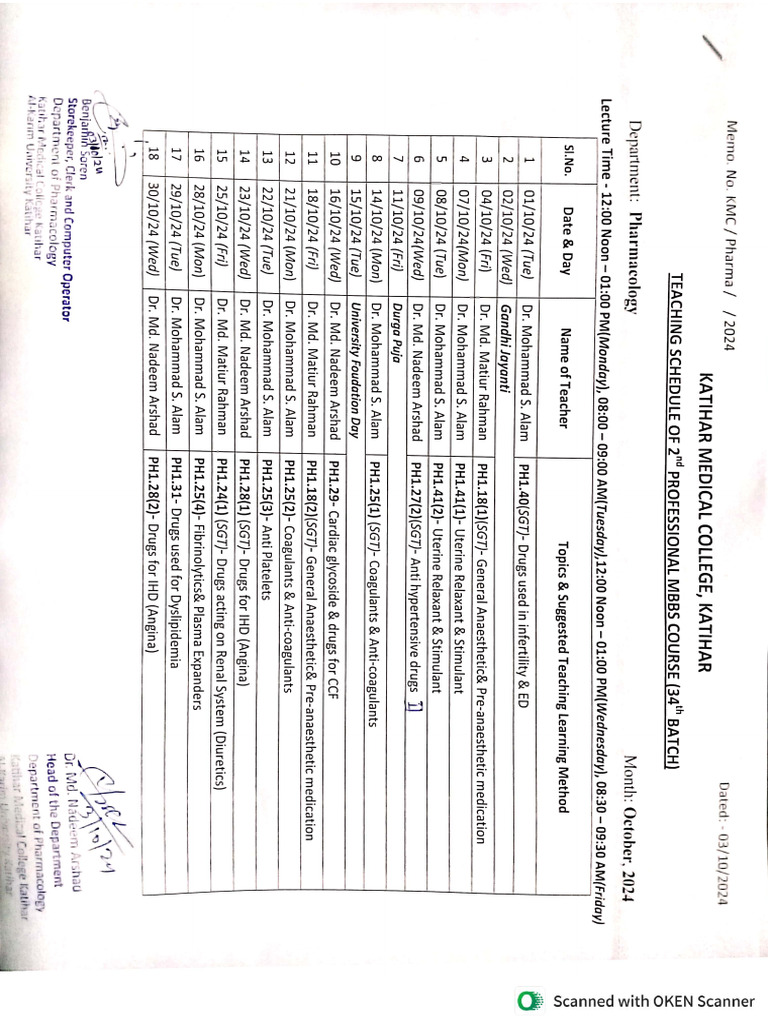 Teaching Schedule of 34th Batch - October 2024 | PDF