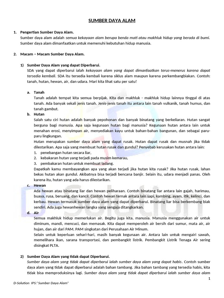 Materi Ips Kelas 4 Semester 1 Sumber Daya Alam | PDF