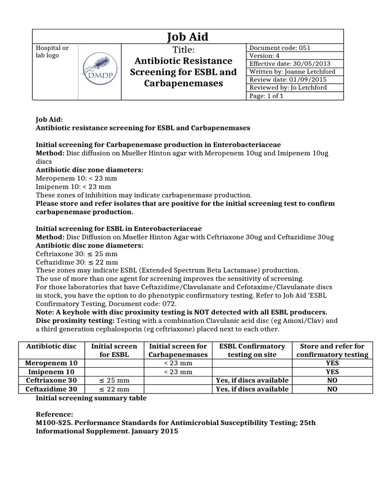 Antibiotic R Screening For ESBL and Carbapenemases | PDF