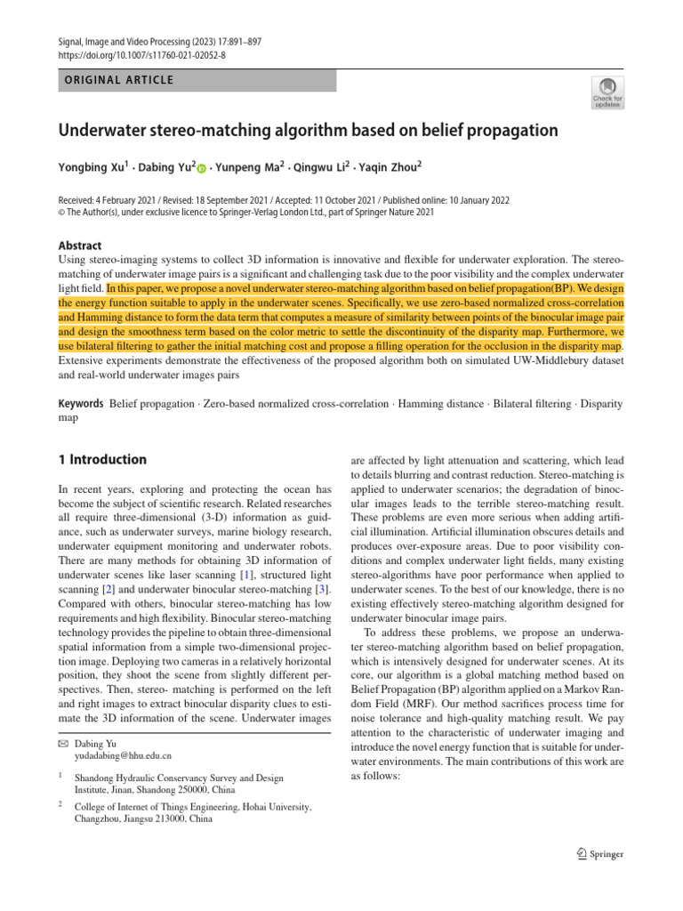 Underwater stereo-matching algorithm based on belief propagation | PDF Underwater stereo-matching algorithm based on belief propagation | PDF