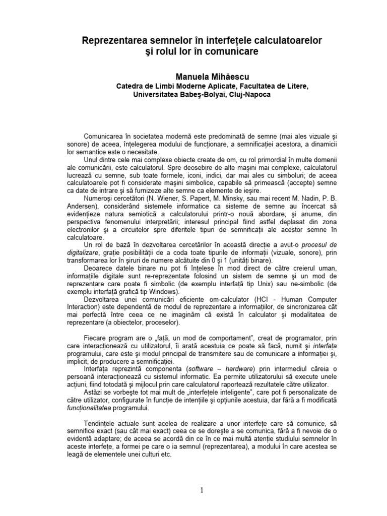 Reprezentarea Semnelor În Interfeţele Calculatoarelor | PDF