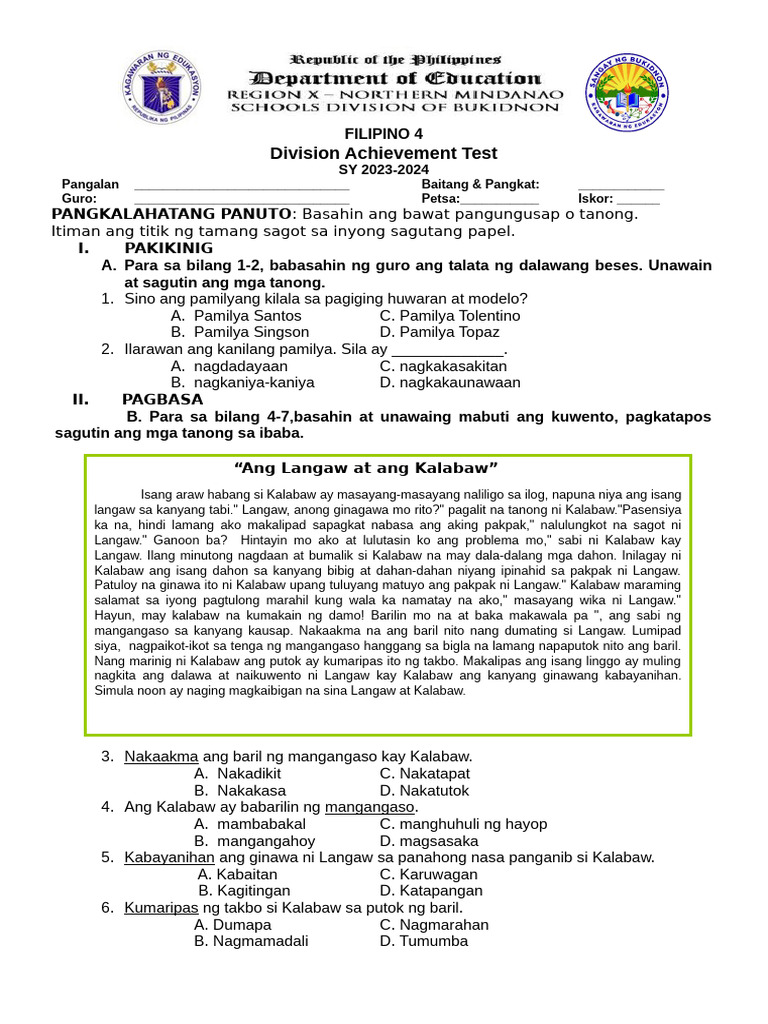 Filipino4 DAT Test | PDF