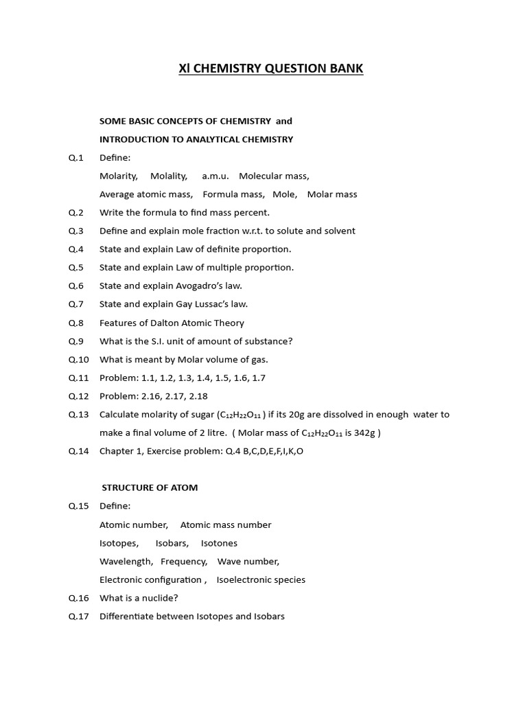 Class 11 Chemistry Question Bank | PDF | Mole (Unit) | Science ...