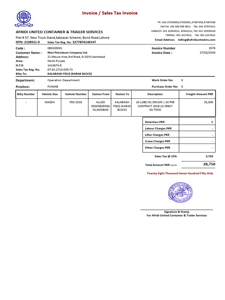 Invoice / Sales Tax Invoice: Afridi United Container & Trailer Services ...