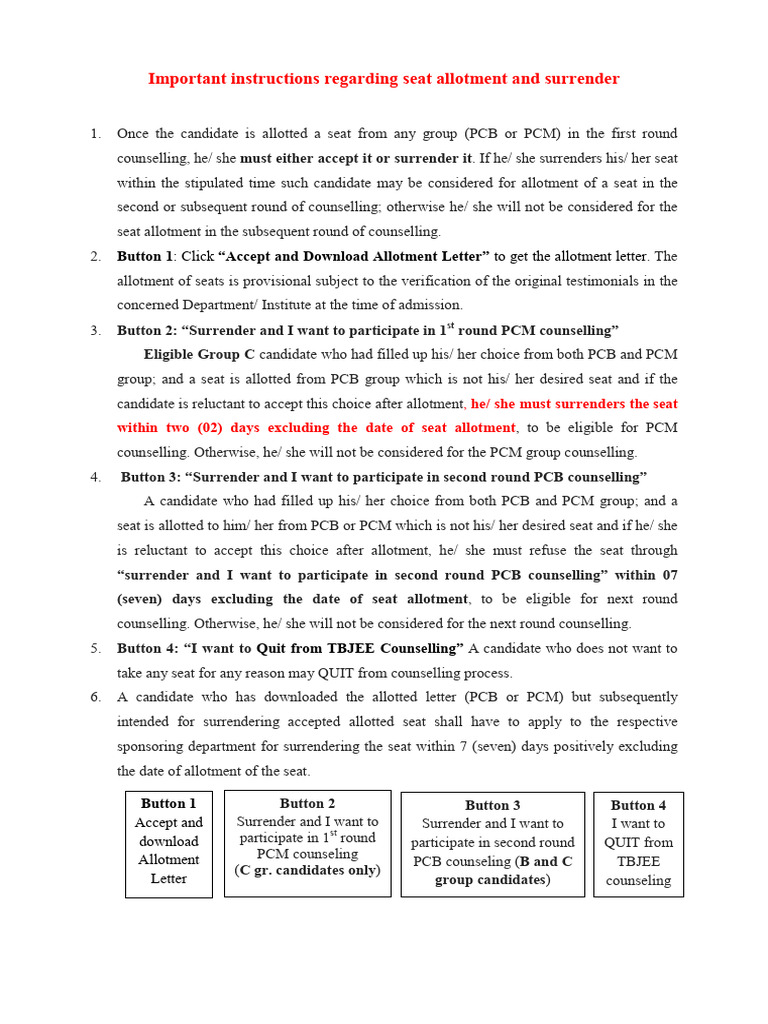 Important Instructions Regarding Seat Allotment and Surrender | PDF