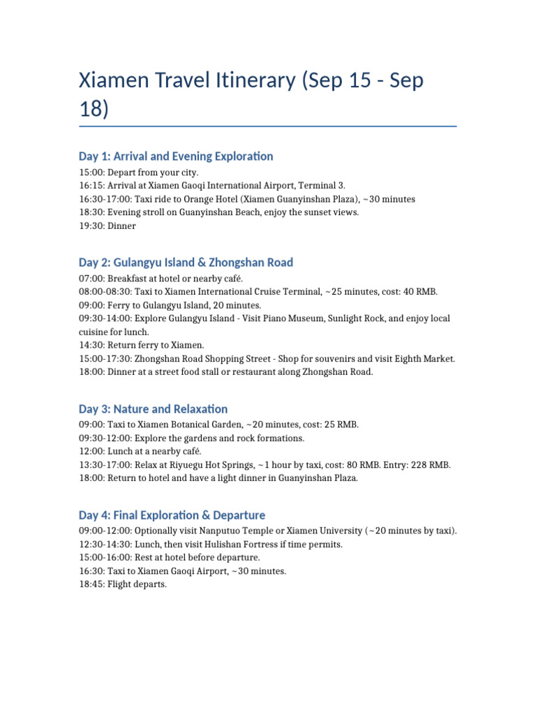 Xiamen Travel Itinerary | PDF