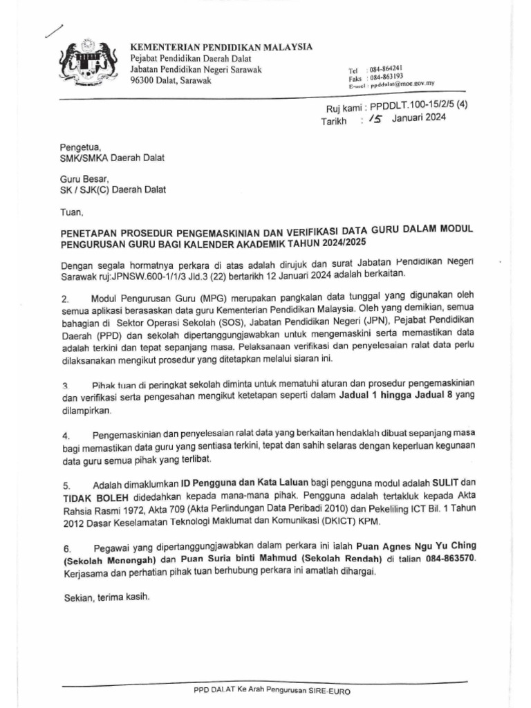 DLT - Penetapan Prosedur Pegemaskinian Dan Verifikasi Data Guru EOperasi 2024-2025 | PDF