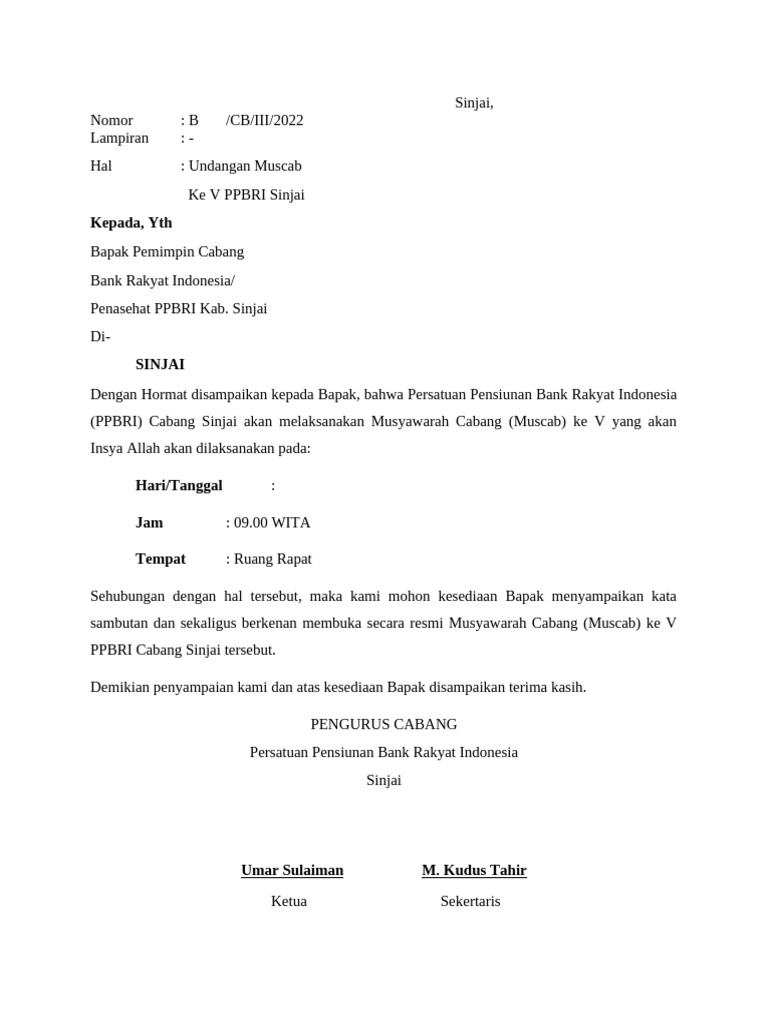 Surat Undangan Muscab Pemimpin Cabang | PDF