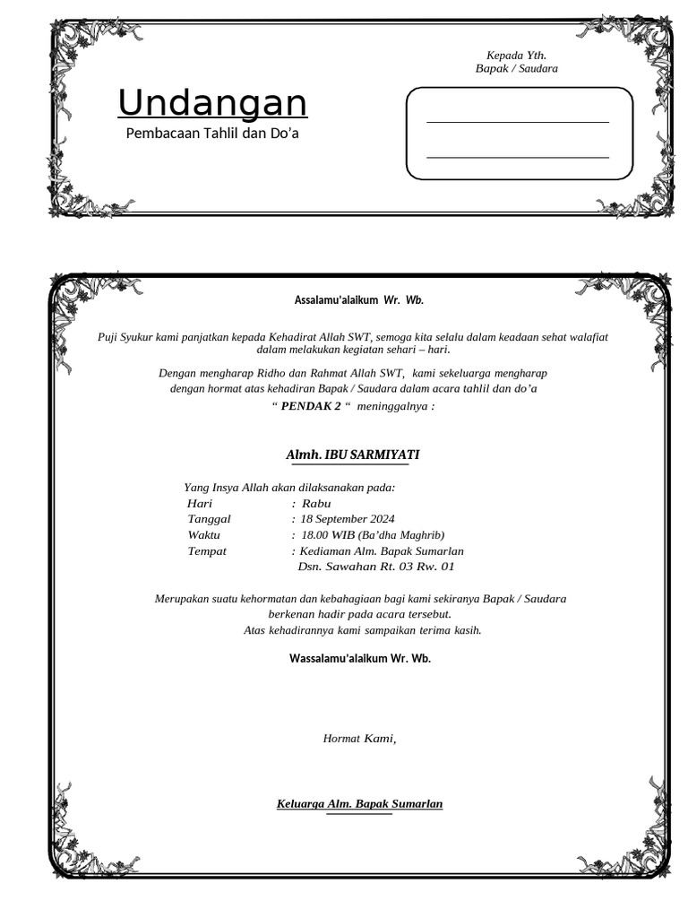 Undangan Tahlil Pendak 2 | PDF