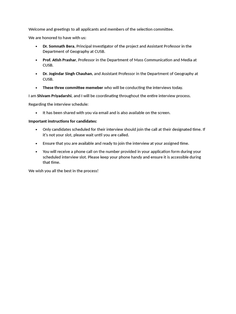 Welcome and Greetings To All Applicants and Members of The Selection ...