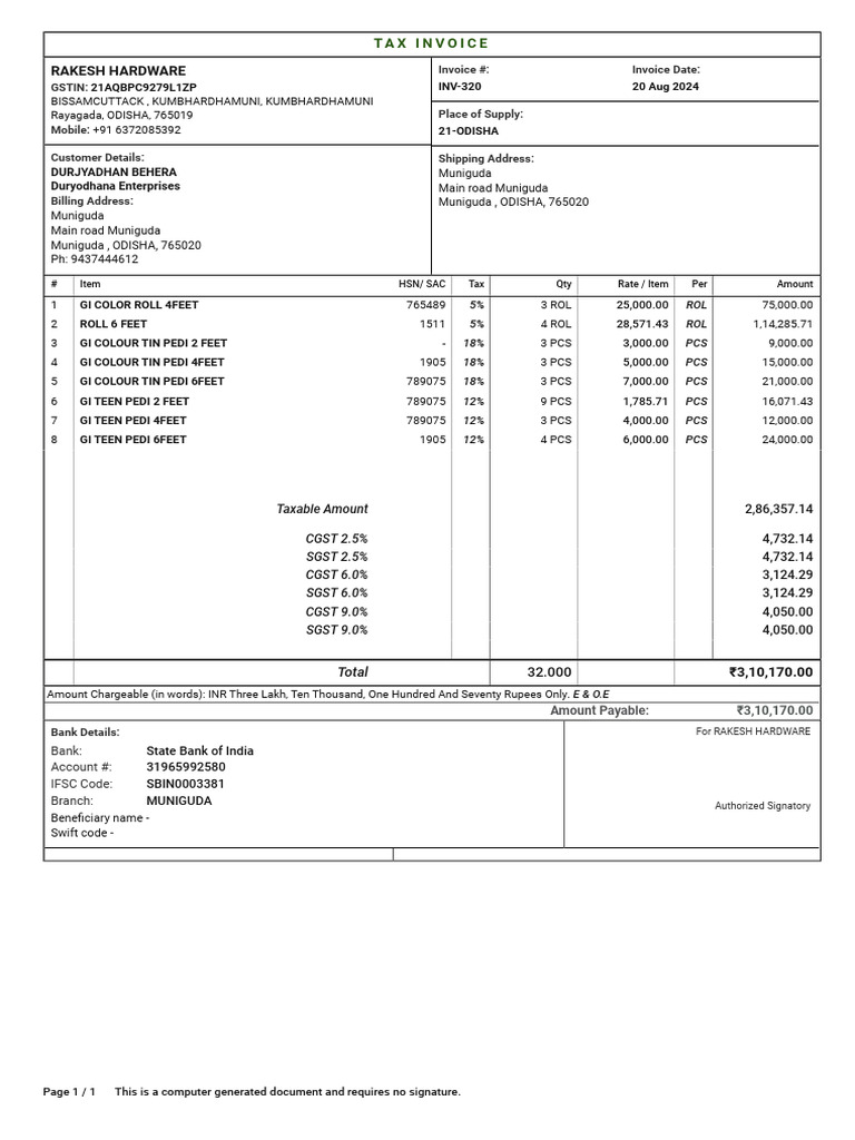 Rakesh Hardware: Tax Invoice | PDF