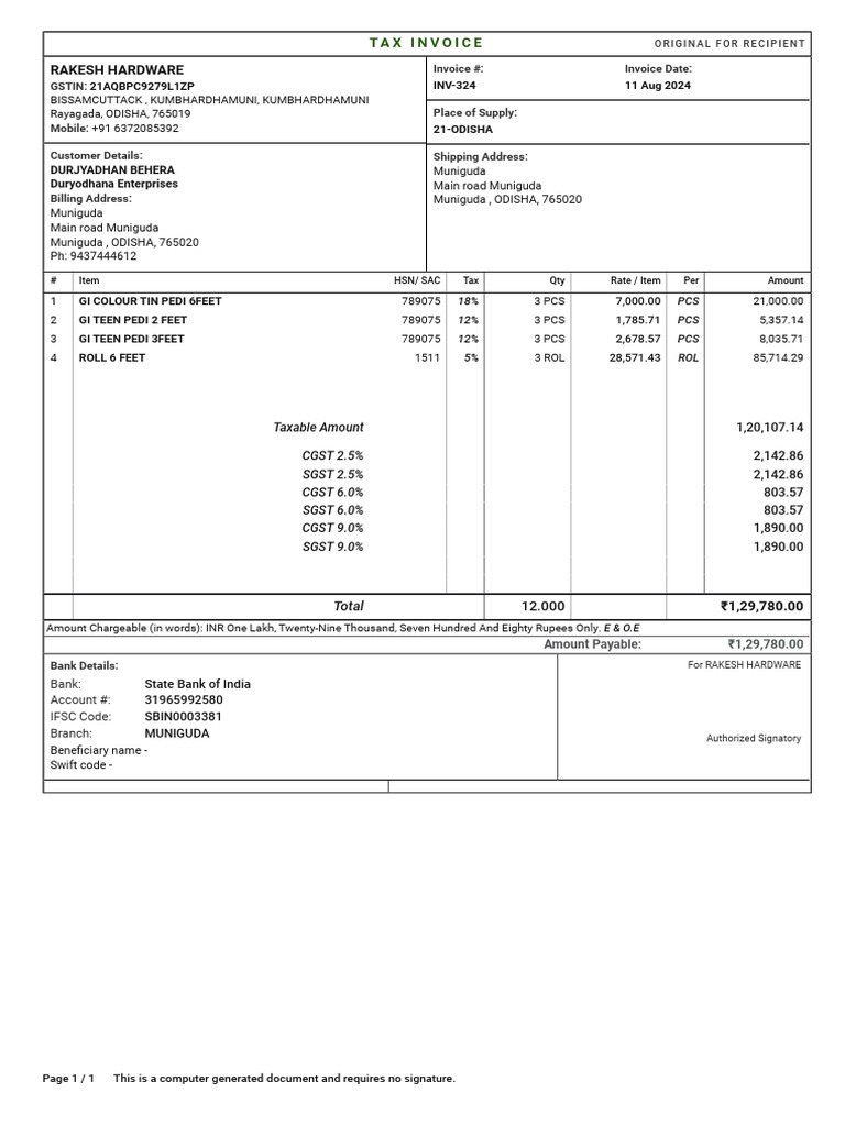 Rakesh Hardware: Tax Invoice | PDF