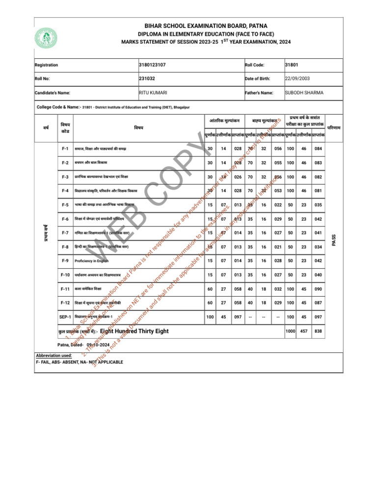 D.El - Ed-2023-25-Result Ritu Card | PDF