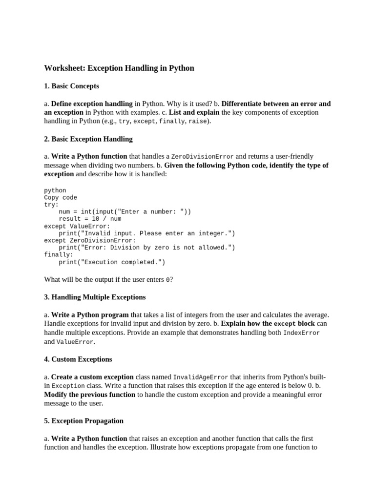 Worksheet: Exception Handling in Python: Except | PDF