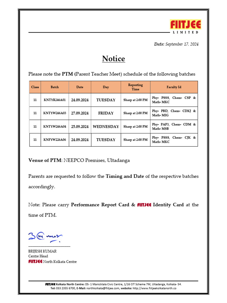 PTM Notice of Phase Test - 1 | PDF