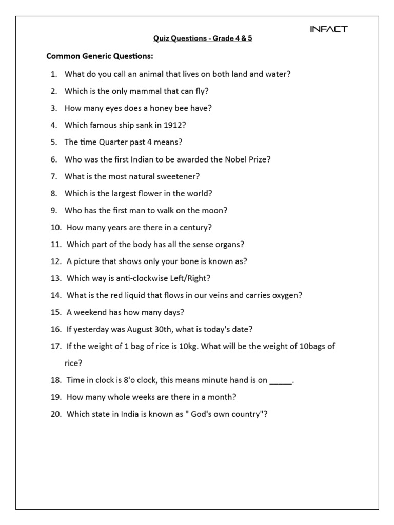 Quiz Questions (Set 6) - Grade 4 & 5 | PDF