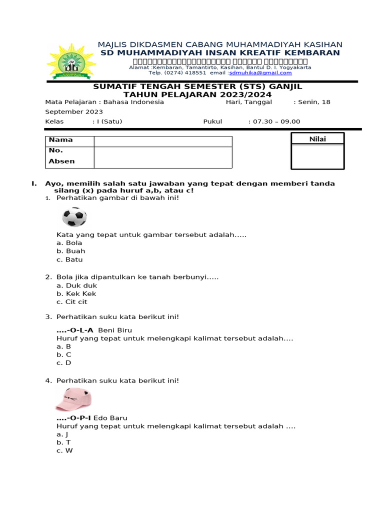 SOAL STS Bahasa Indonesia Kelas 1 MUHIKA | PDF