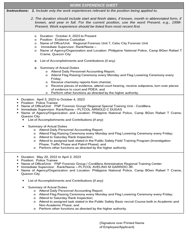 Work Experience Sheet Sample Perm | PDF