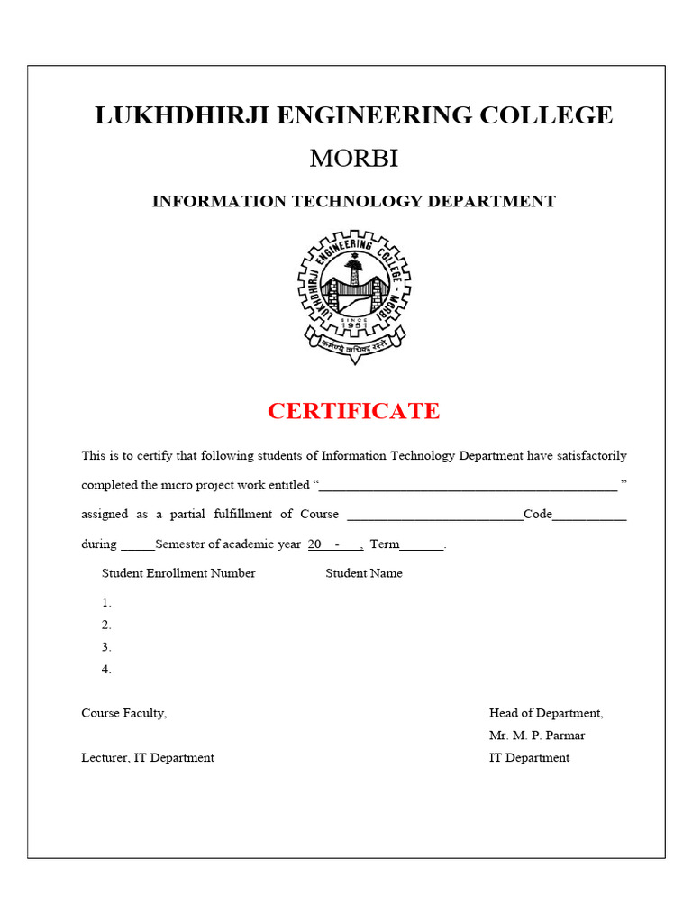 Project and micro project certificate format | PDF