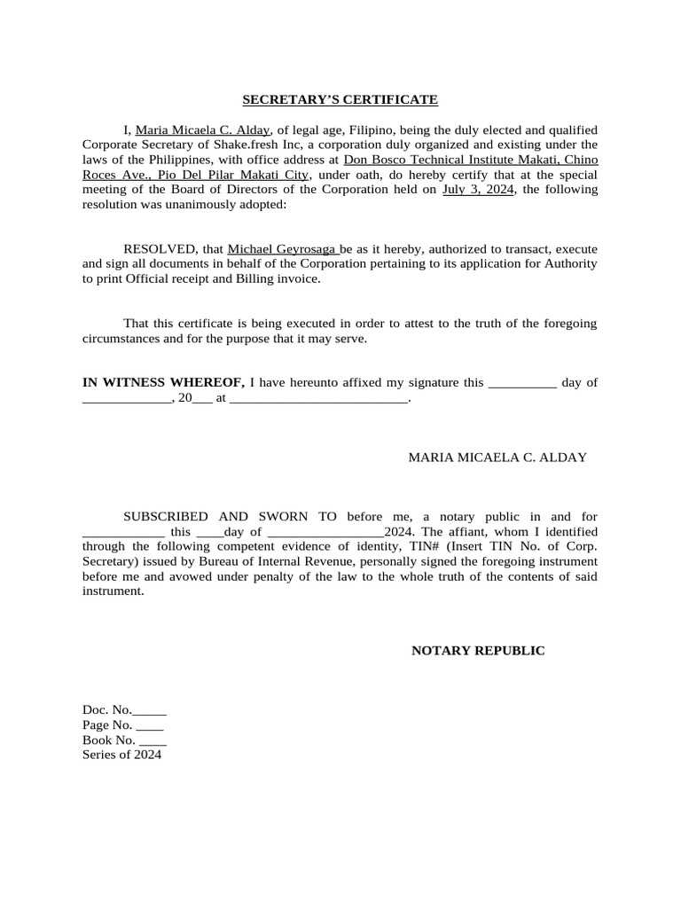 SECRETARY CERT For Application of Authority To Print | PDF