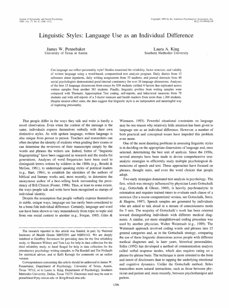 Linguistic Styles Language Use as an Individual Difference | PDF