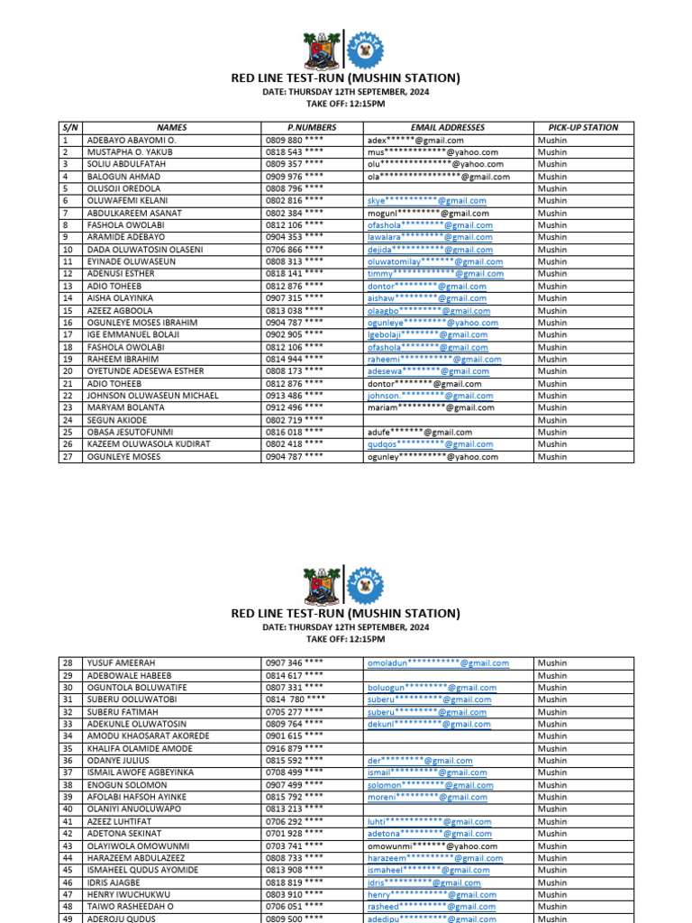 Red Line Test Run List (Thursday) Mushin Station1 | PDF