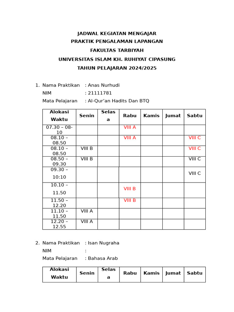 Jadwal Kegiatan Mengajar | PDF