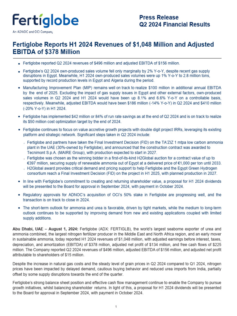 Fertiglobe Q2 2024 Results Press Release VF | PDF