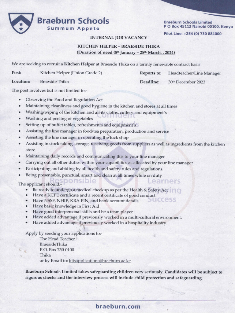 Advert - Kitchen Helper Braeside Thika | PDF