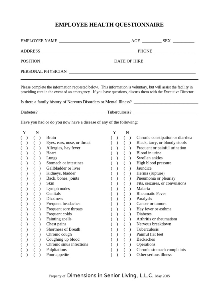 Employee Health Questionnaire Form | PDF | Cough | Chronic Condition
