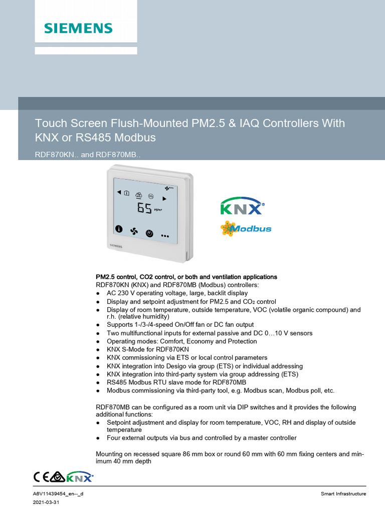 A6V11679655 - Touch Screen Flush-Mount PM2.5 - IAQ Controllers W - en | PDF