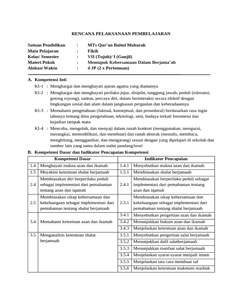 RPP Fikih - Kelas 7 - Ganjil | PDF