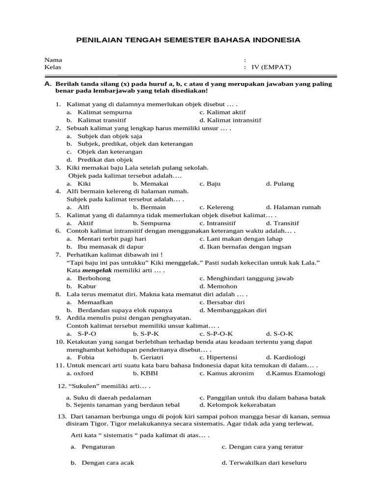 PTS 1 Kelas IV - B.Indonesia | PDF | Seni & Disiplin Bahasa | Kajian Bahasa Asing