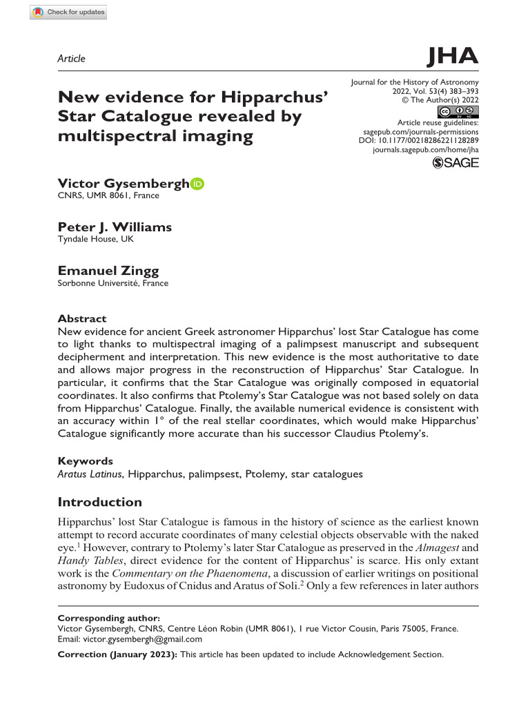 Gysembergh Et Al 2022 New Evidence For Hipparchus Star Catalogue ...