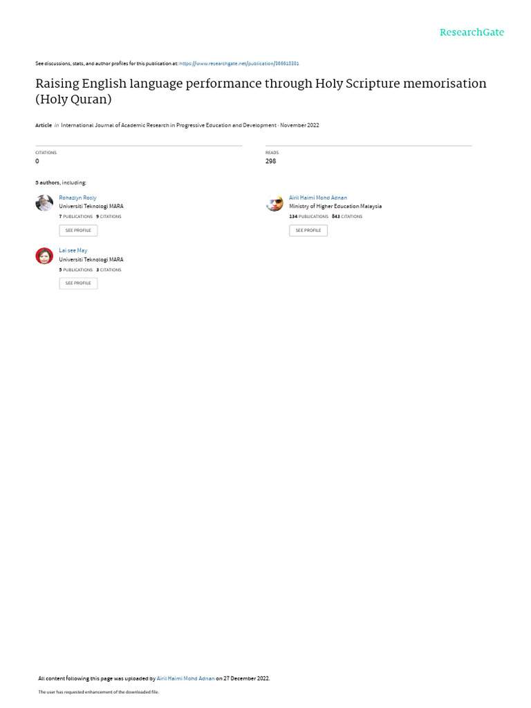 Raising English Language Performance Through Holy Scripture Memorisation (Holy Quran) | PDF